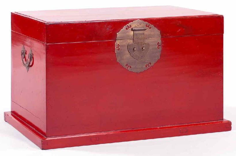 Busacca Gallery: Wooden Red Lacquered Chinese Trunk Lock Storage Box